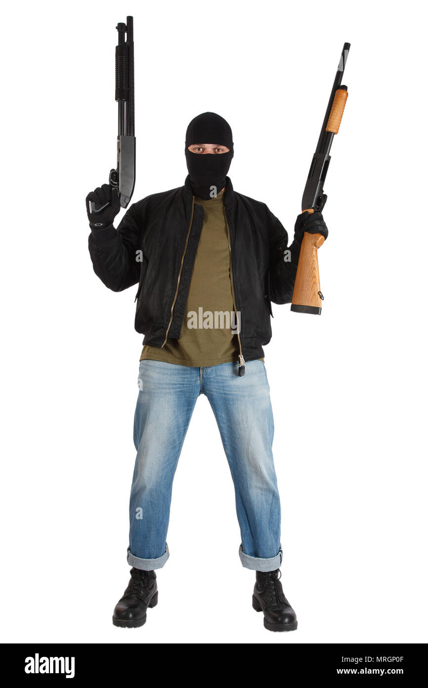 mobster in black mask with shotgun isolated Stock Photo - Alamy