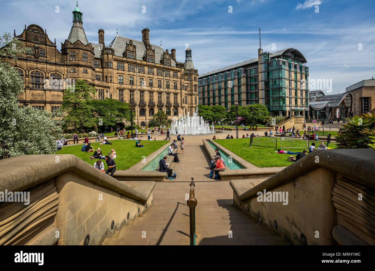 Peace gardens and Town Hall in Sheffield, Yorkshire, UK taken on 18 May ...