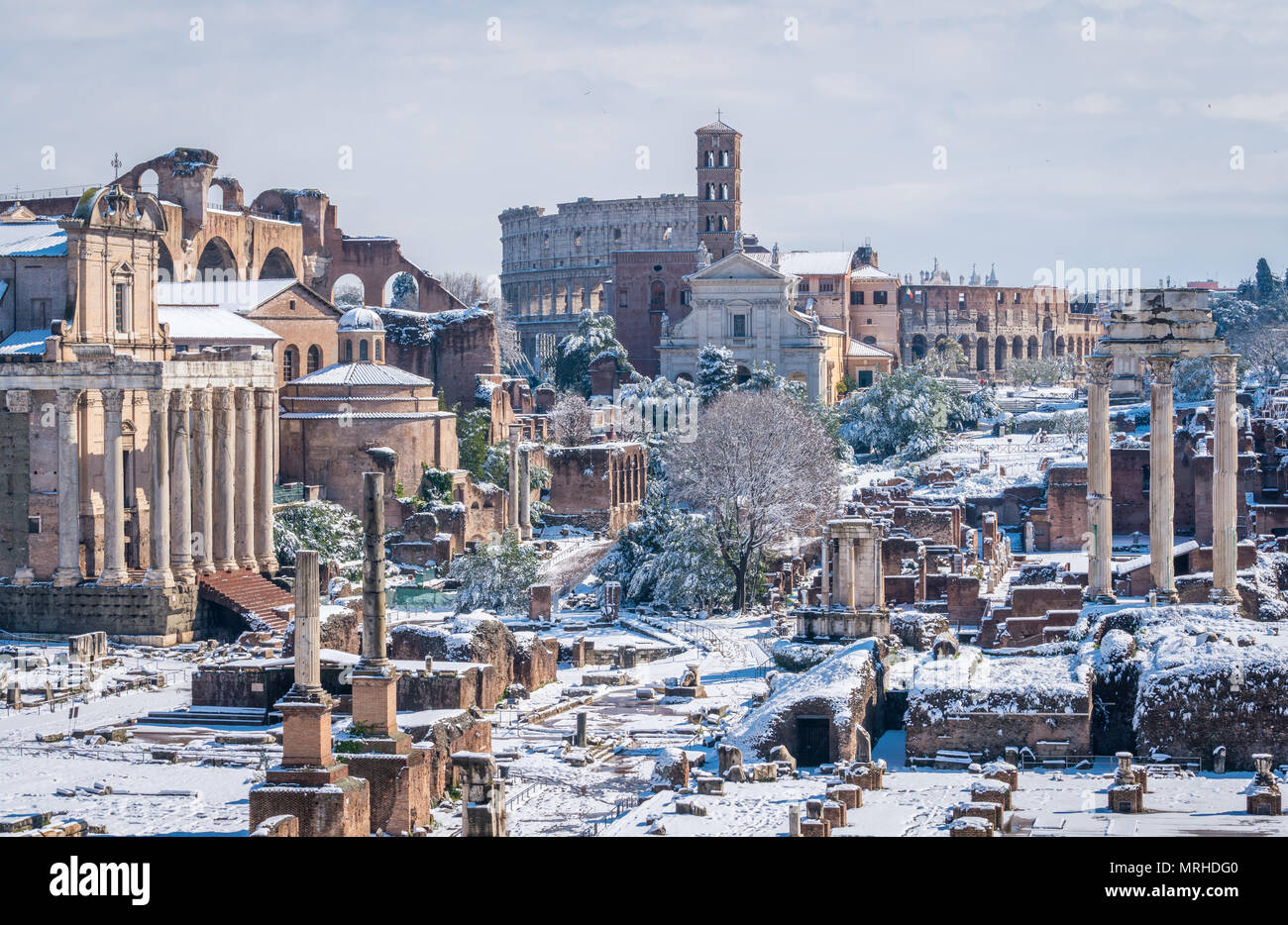 Snow in Rome in February 2018, the Roman Forum with the Colosseum in ...