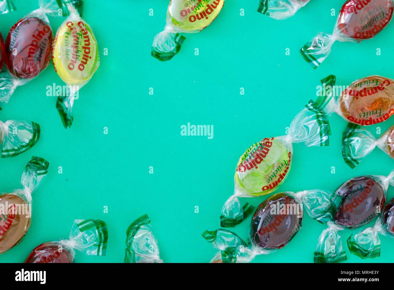 Campino boiled fruit flavoured sweets on a turquoise background Stock ...