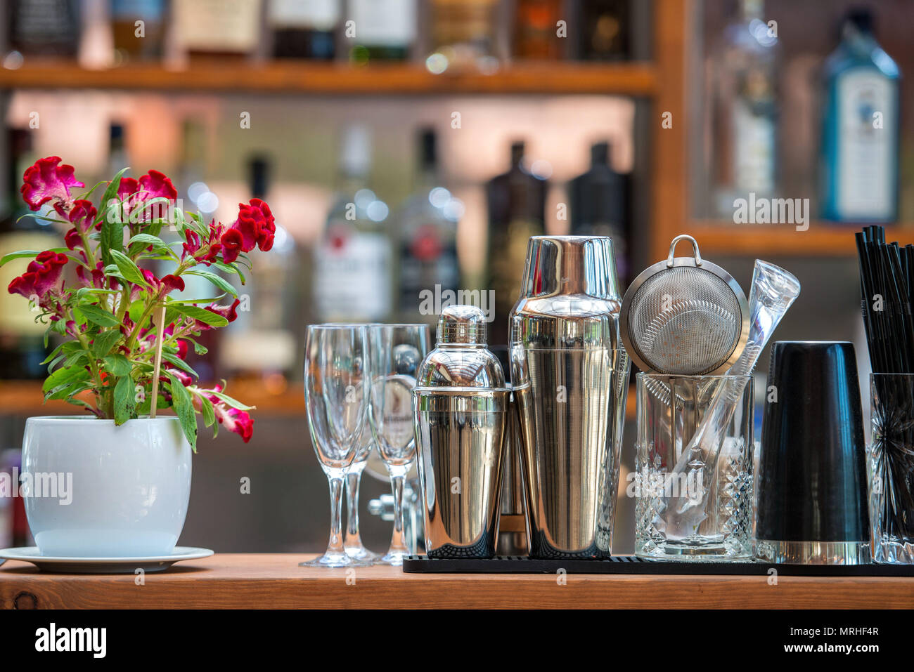 Set of bar accessories for making cocktails located on the bar Stock ...
