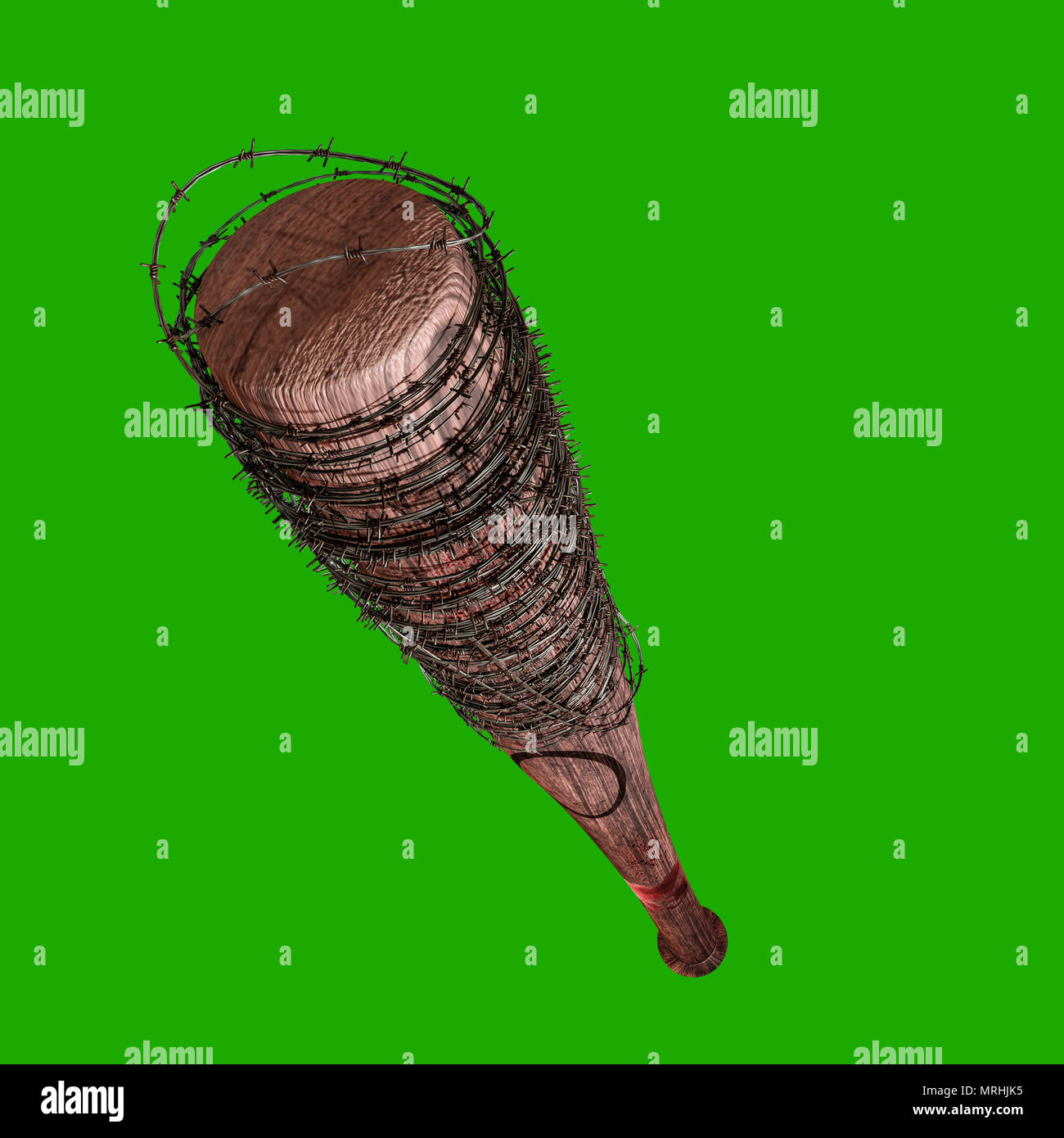 baseball bat with barbed wire isolated on green background 3d ...