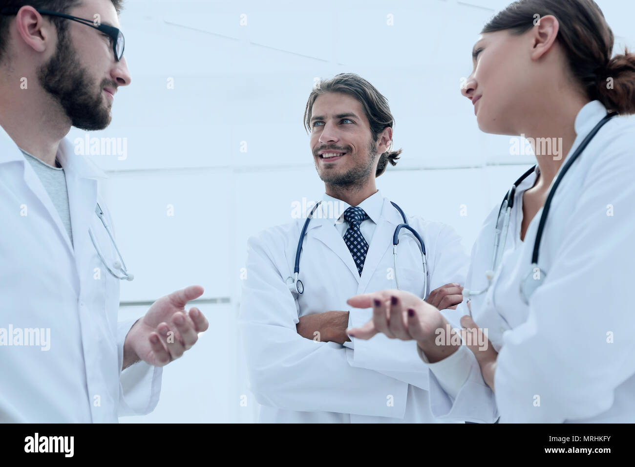 Group of medicine doctors talking during conference, bottom view Stock ...