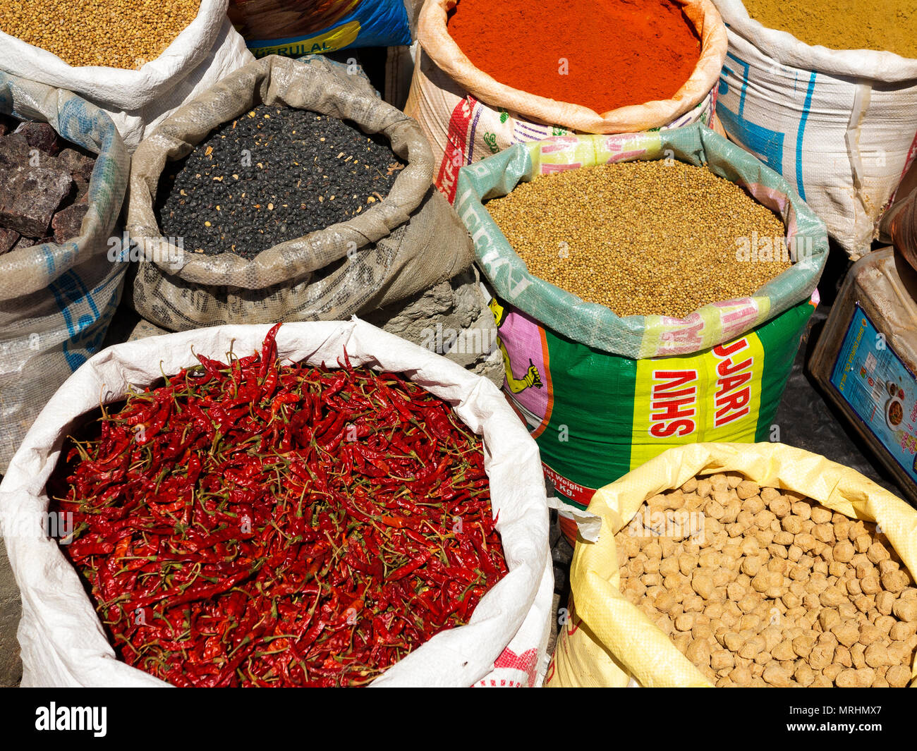 Grains and pepper being selled at the market at Almora town ...