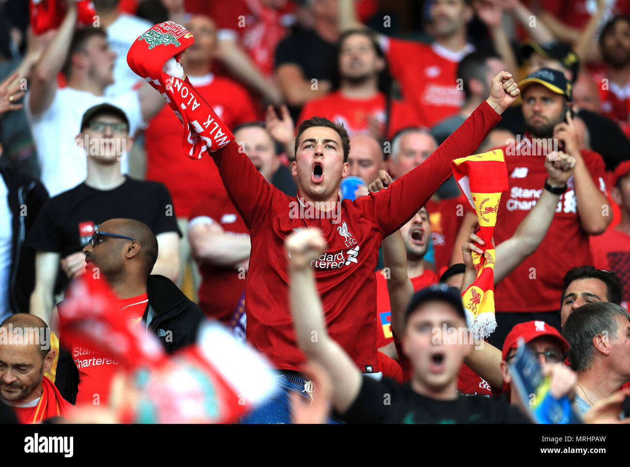 Liverpool fans in the stands show their support prior to the UEFA ...