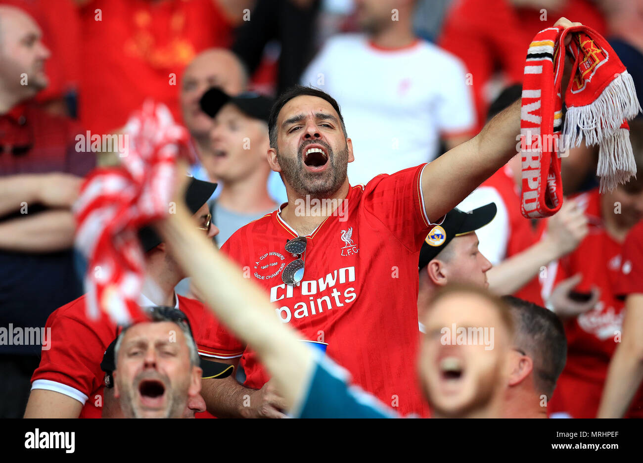 Liverpool fans in the stands show their support prior to the UEFA ...
