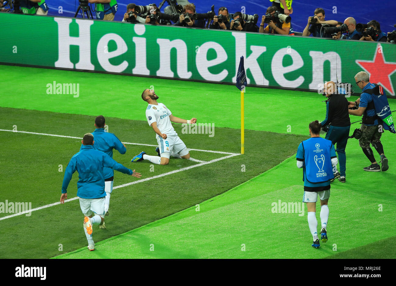 Real Madrid's Karim Benzema celebrates scoring his side's first goal of ...