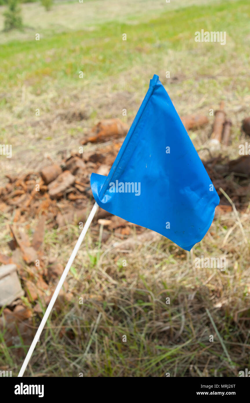 Different colored flags are used to mark off areas that have been ...