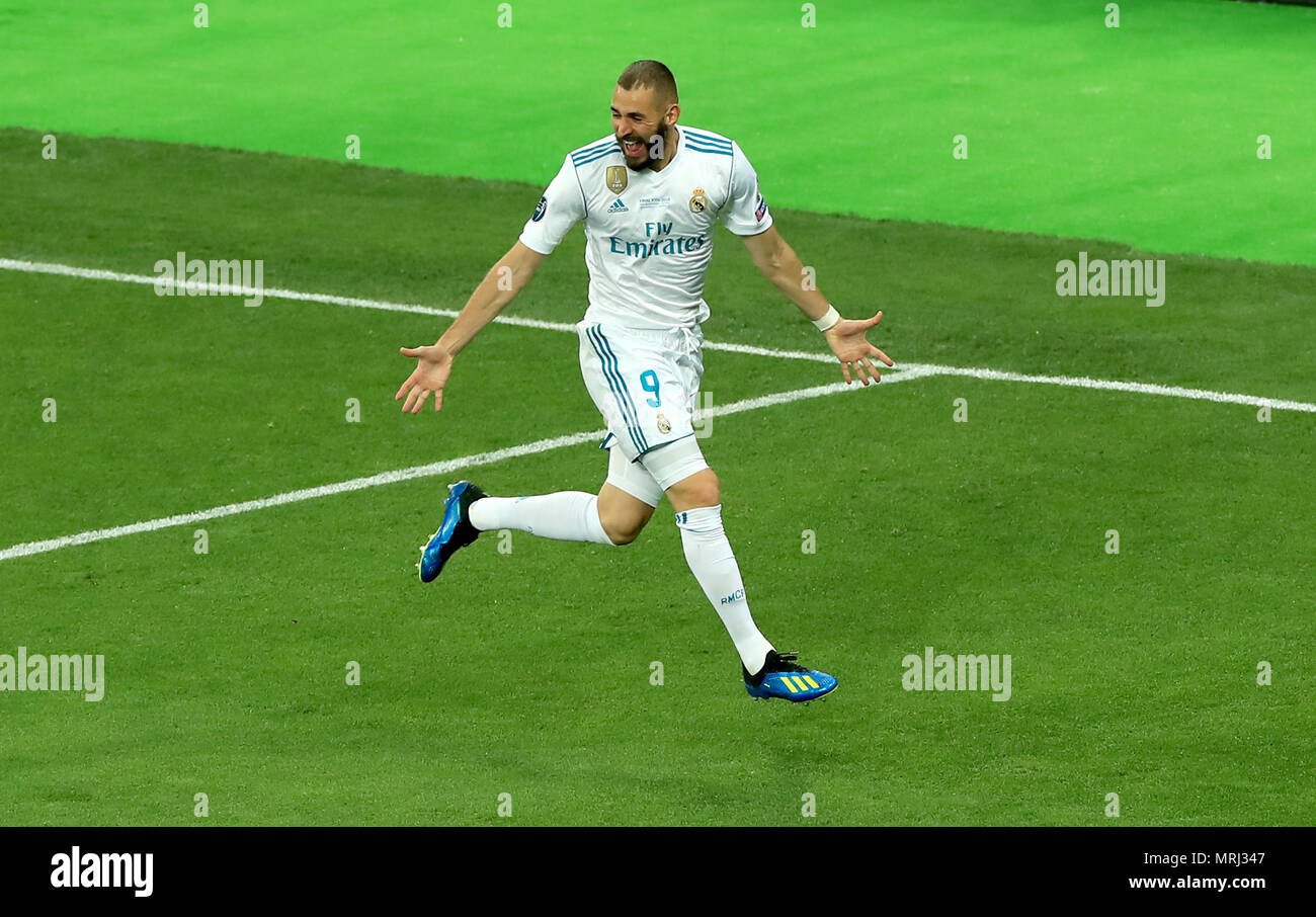 Real Madrid's Karim Benzema celebrates scoring his side's first goal of ...