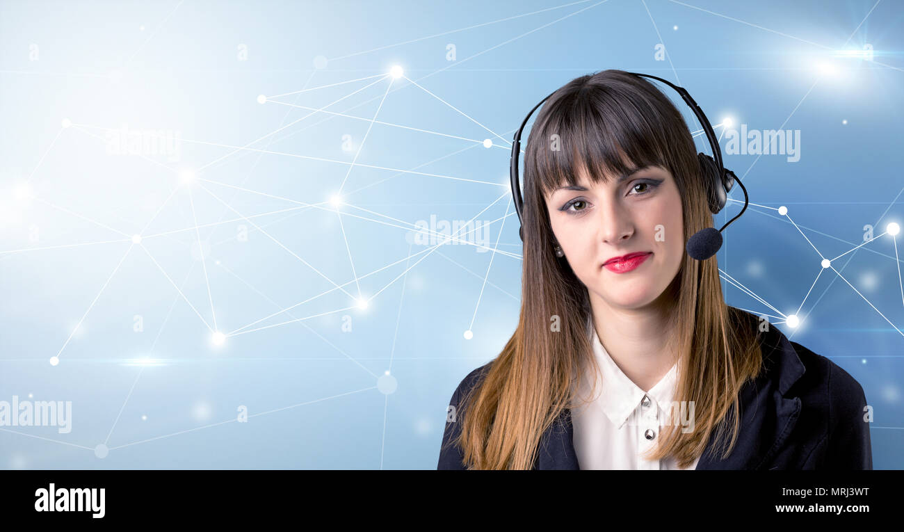 Young female telemarketer with blue background and connectivity concept ...