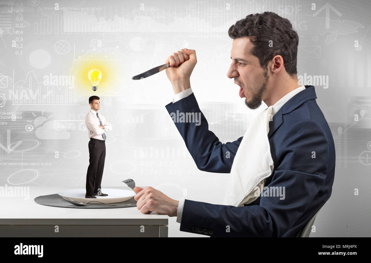 Giant businessman eating small man with financial background Stock ...