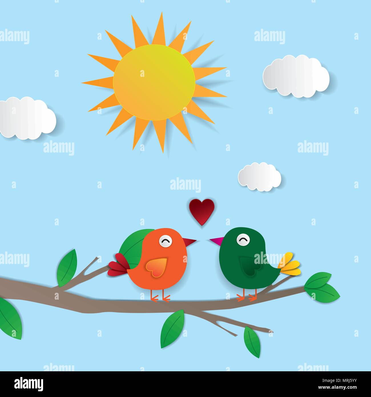birds on branch, sunny day, paper craft illustration on blue background ...