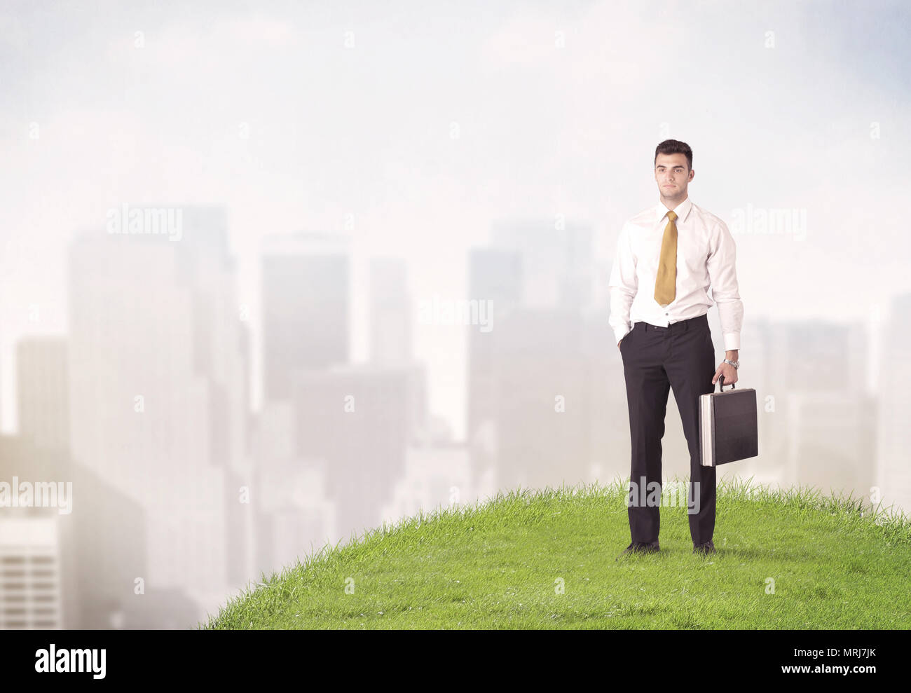 A cheerful caucasian elegant sales manager standing in small green ...