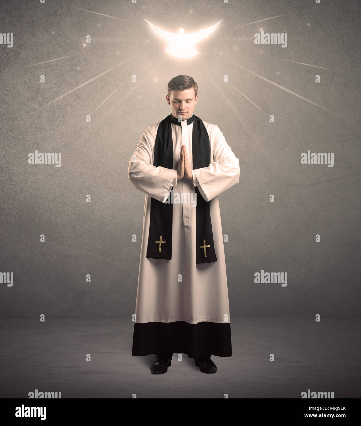 A holy priest reading a prayer from the holy bible with illustrated ...