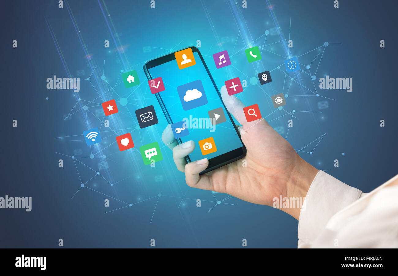 Female hand using smartphone with colorful application icons around ...
