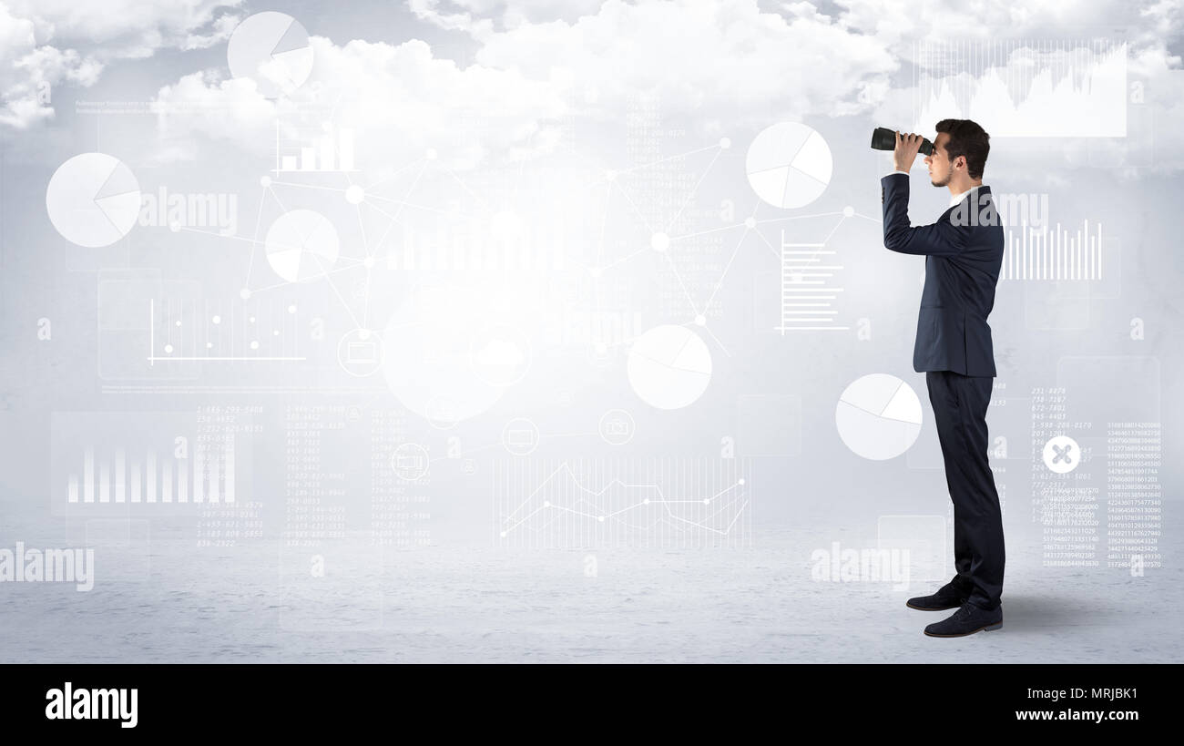 Businessman looking forward with binoculars cloudy background and ...