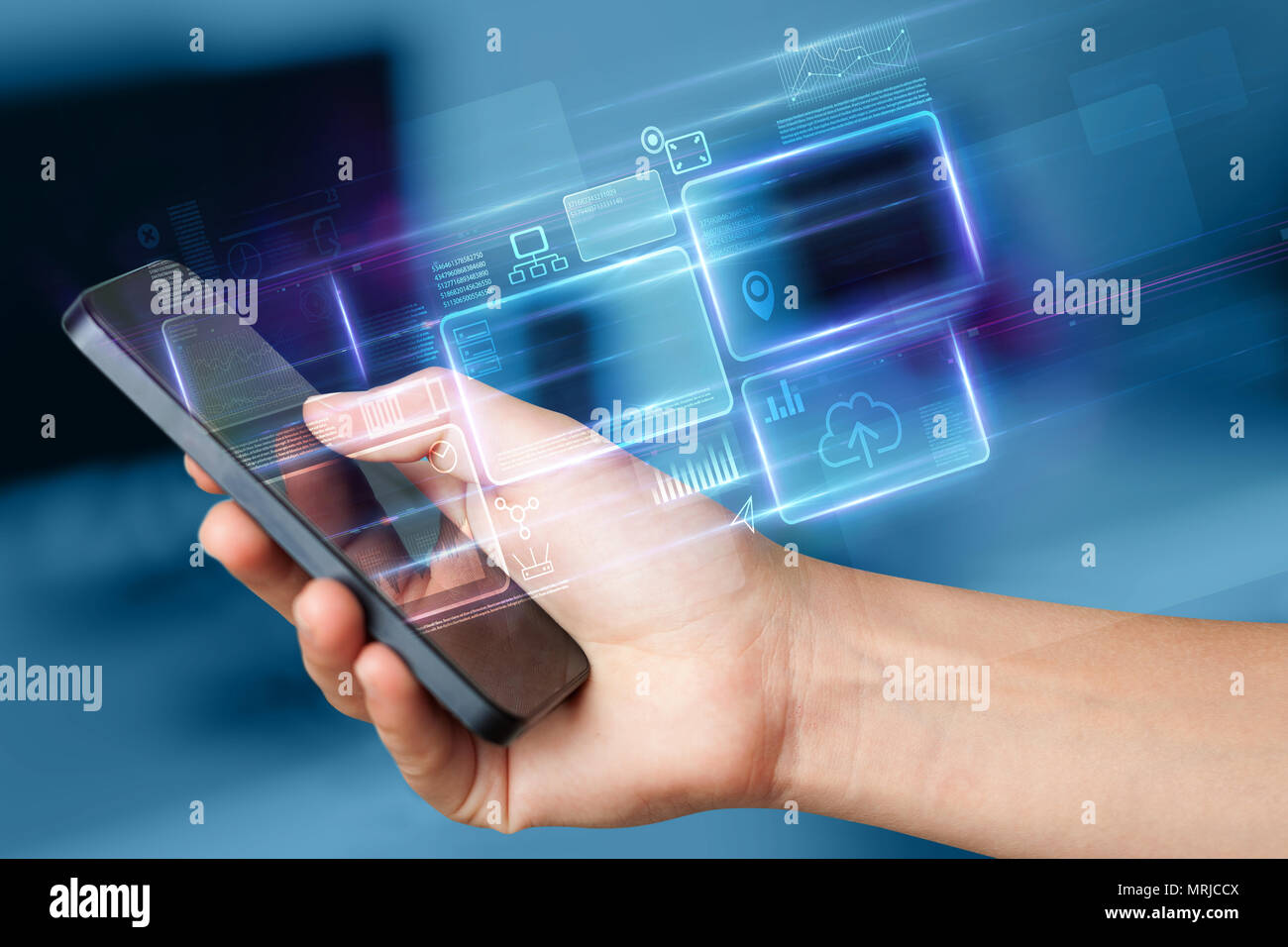 Hand using phone with database reports and online work concept Stock ...