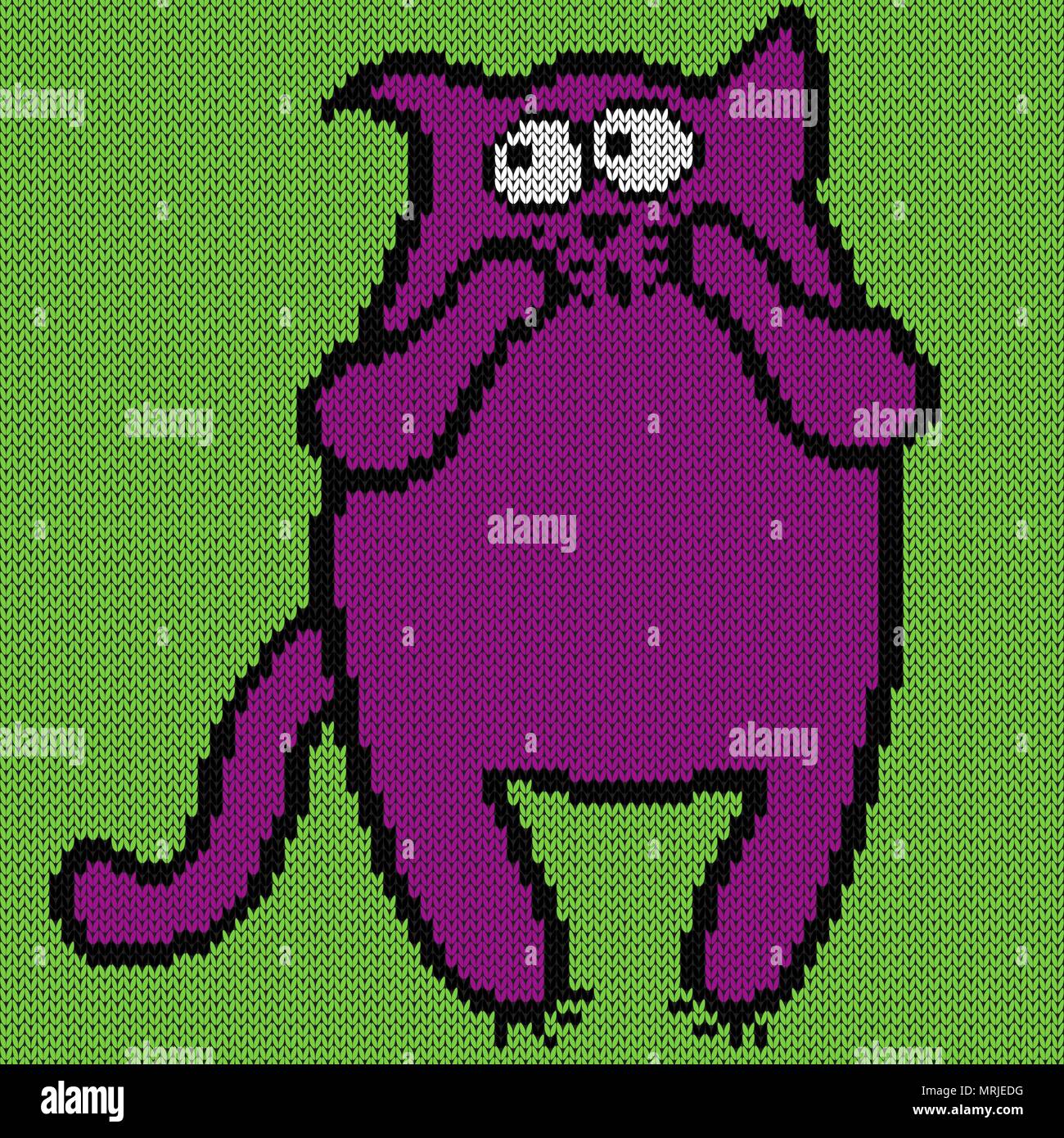 Amusing and surprised magenta cat on the green background, knitting ...