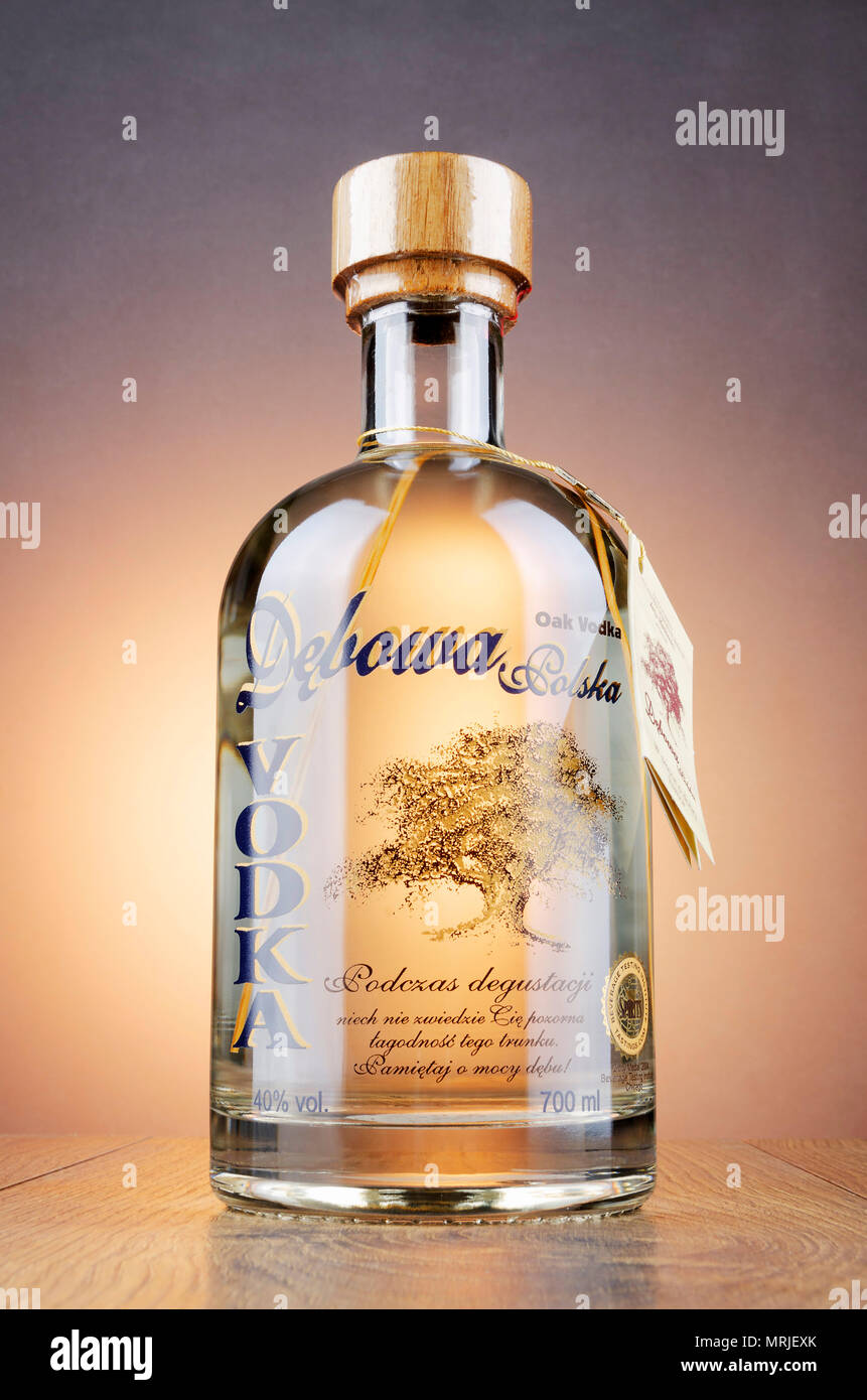 Debowa vodka with wooden handle isolated on gradient background Stock ...