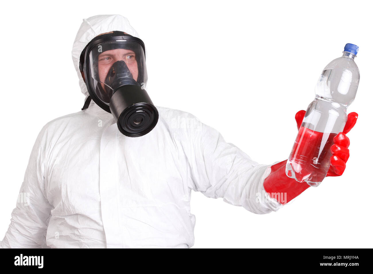 Man in protective suit with a bottle of pure water isolated on white ...