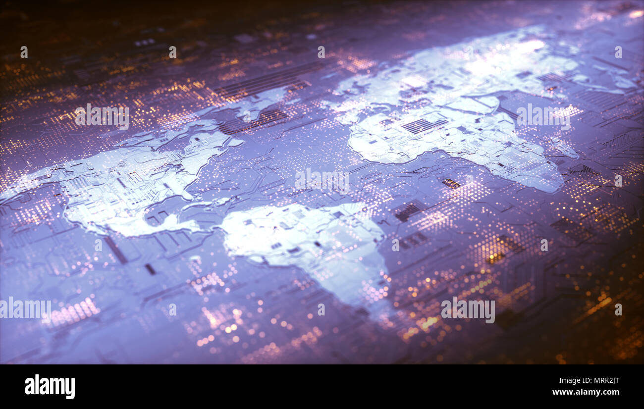 Digital world, 3D shape world map of electronic and digital components ...
