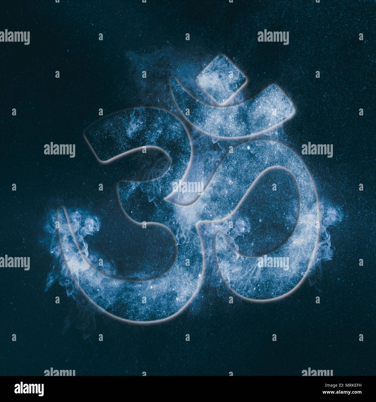 Om symbol. Hindu religion. Abstract night sky background Stock Photo ...