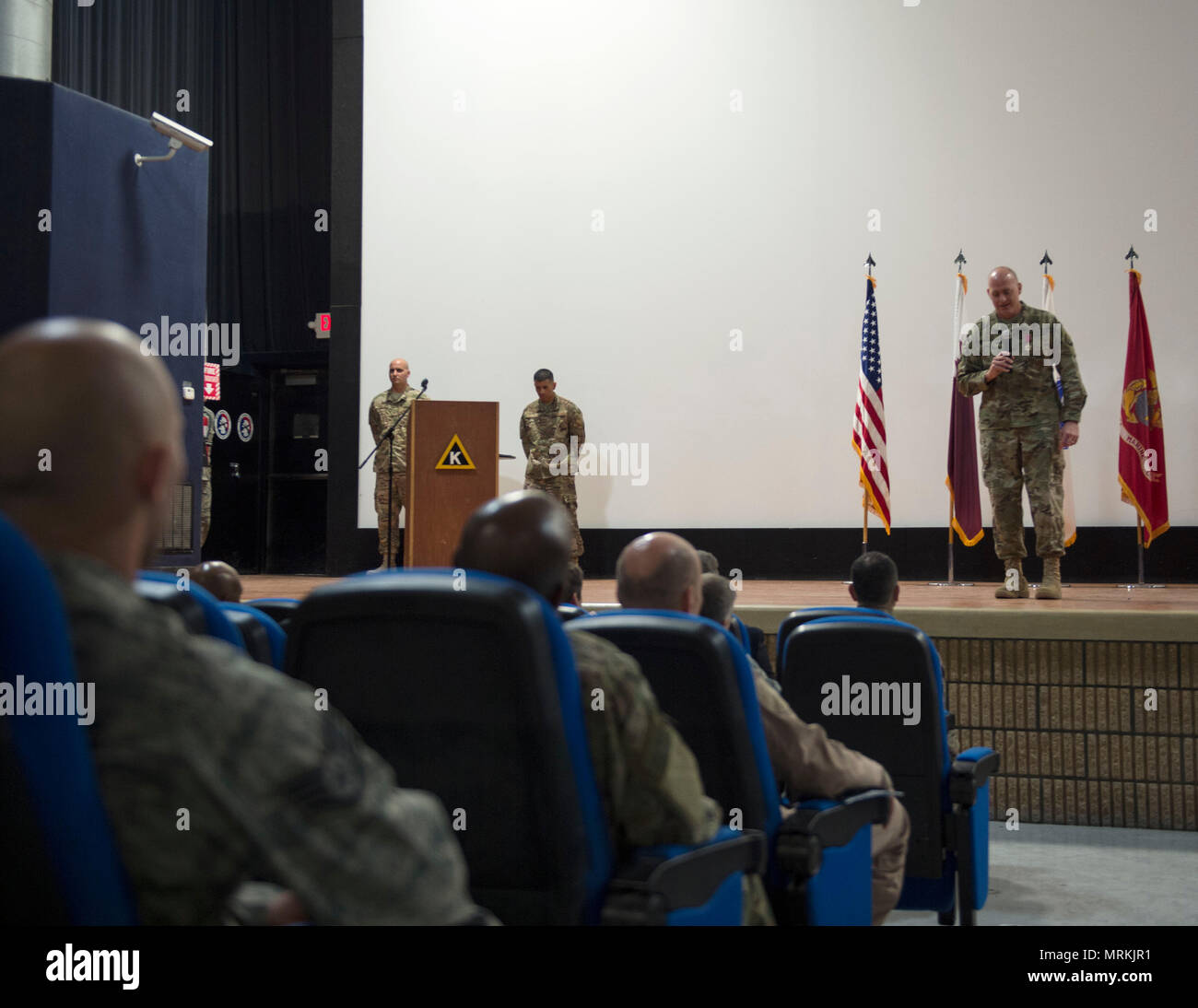 U.S. Air Force Brig. Gen. Darren V. James, commander of the 379th Air Expeditionary Wing speaks ...