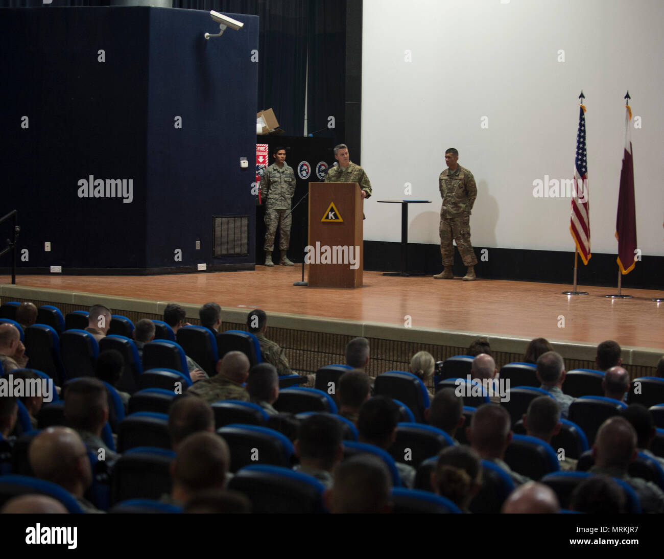 U.S. Air Force Brig. Gen. Jason Armagost speaks to the Airmen of the 379th Air Expeditionary ...
