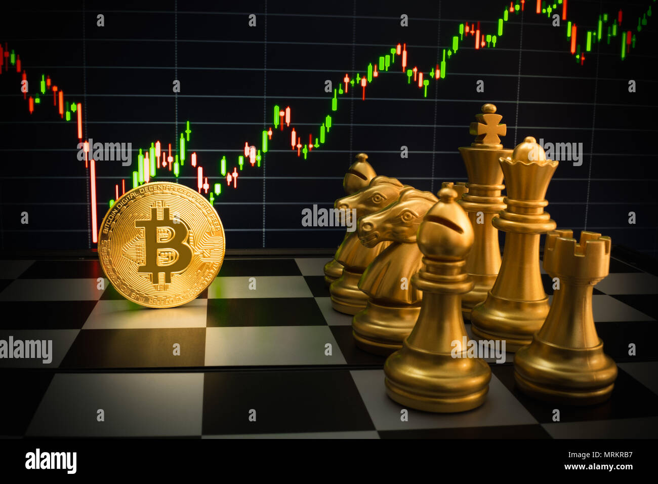 Business strategy ideas concept golden bitcoin and chess board game ...