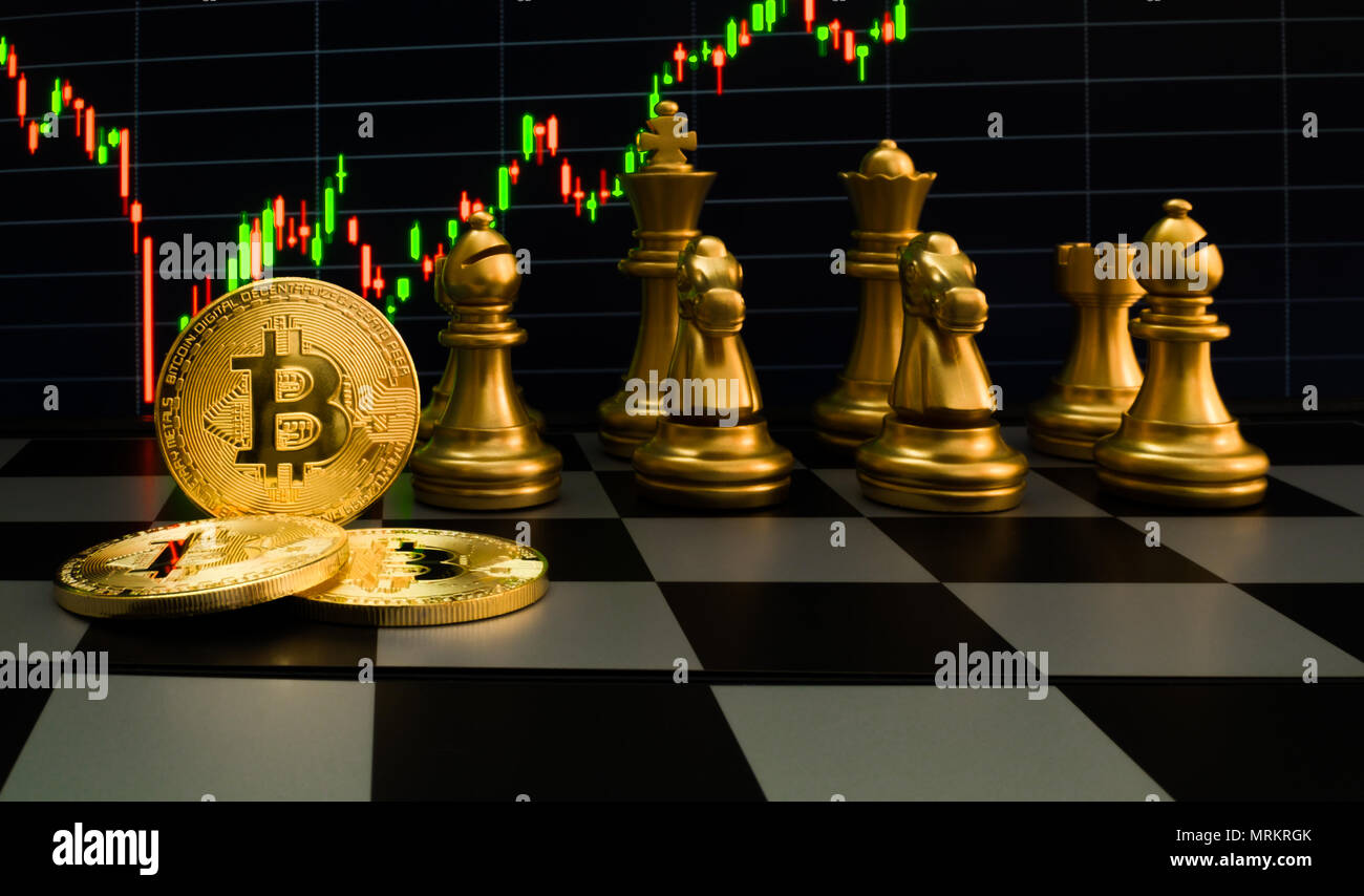 Business strategy ideas concept golden bitcoin and chess board game ...
