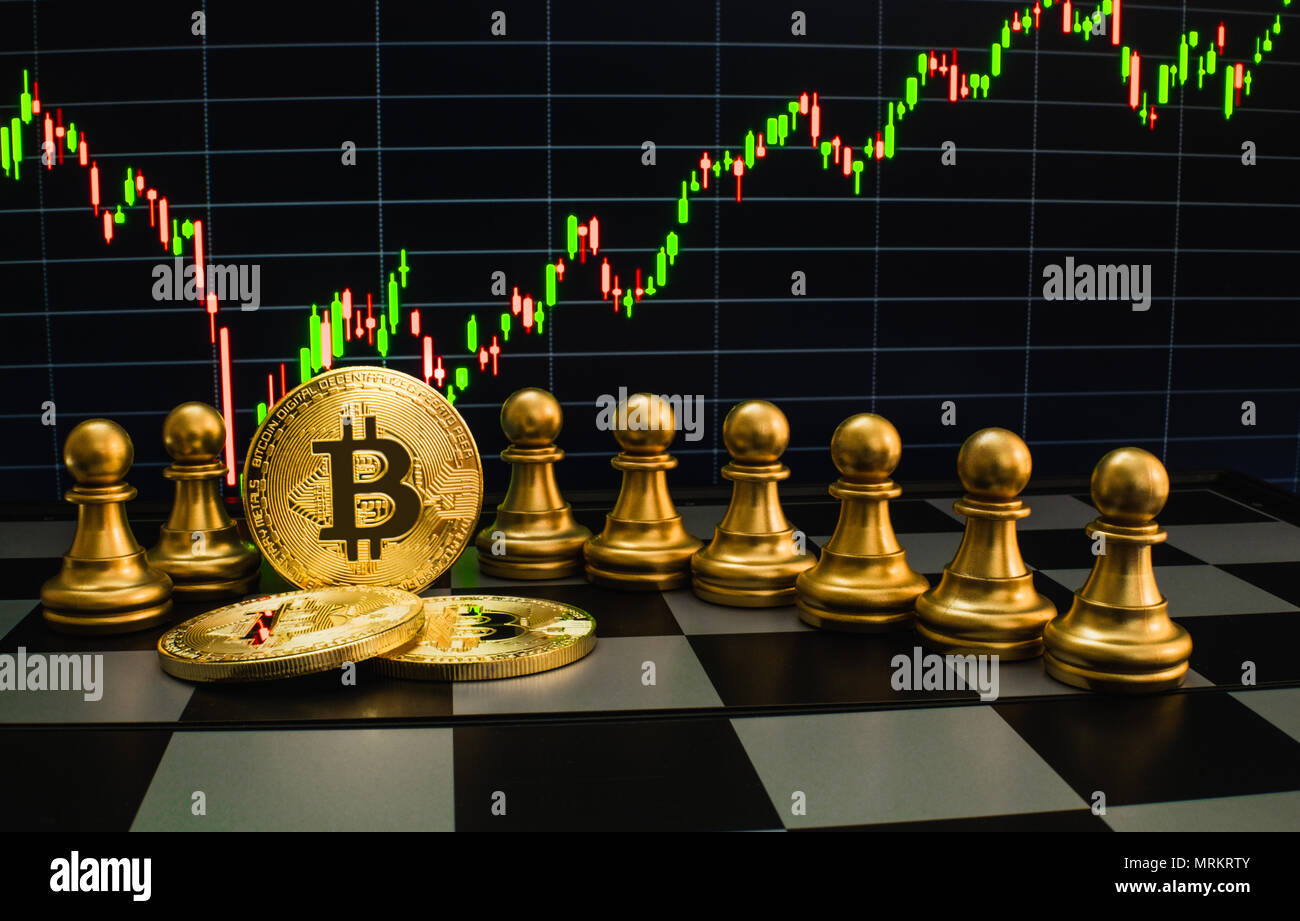 Business strategy ideas concept golden bitcoin and chess board game ...