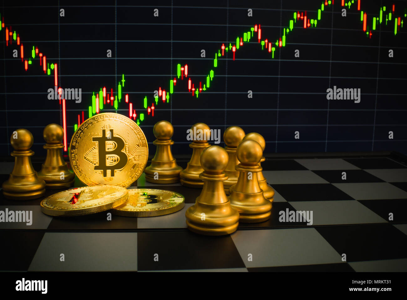 Business strategy ideas concept golden bitcoin and chess board game ...