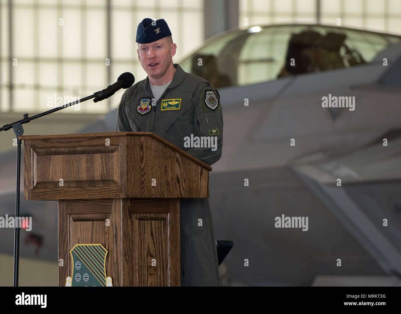 U.S. Air Force Col. Jason Hinds, 1st Fighter Wing commander, addresses ...