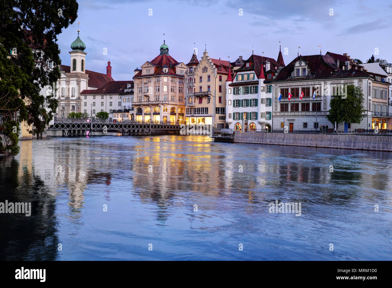 River Reuss running through Lucrne at dusk, Switzerland, Europe Stock ...
