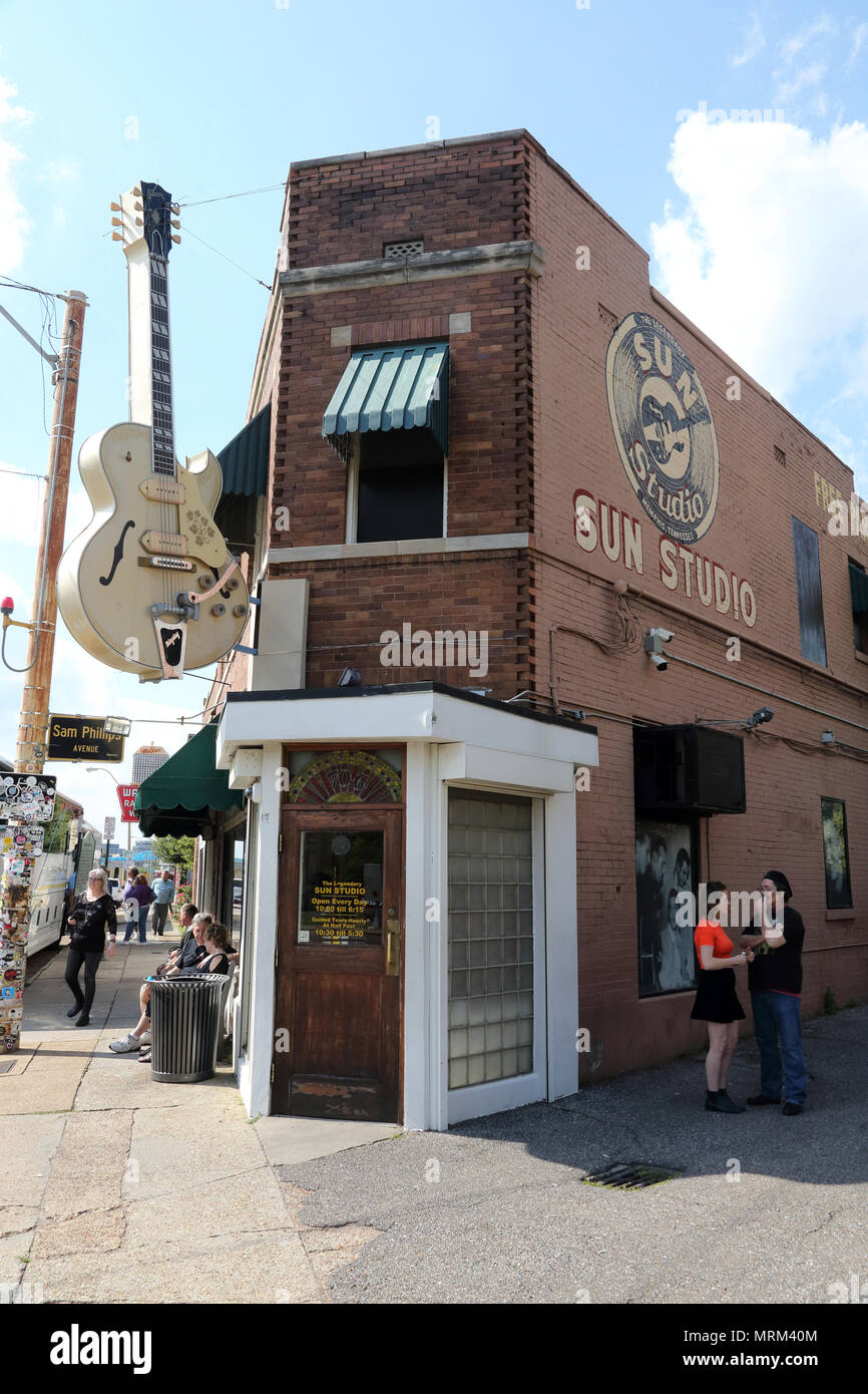 Exterior view of legendary Sun Studio with a model guitar hanging ...