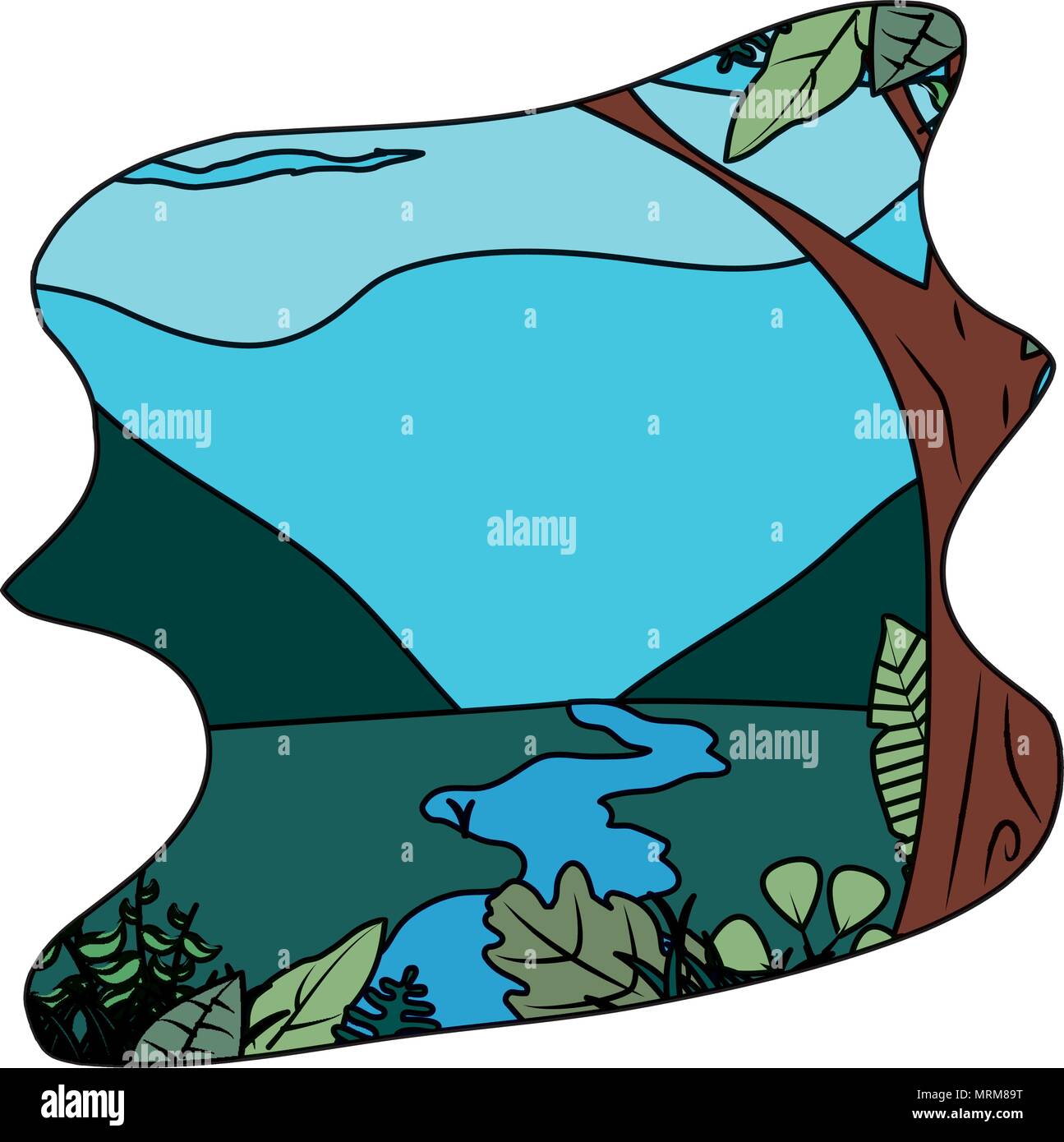 color nature trees with leaves and cute river landscape Stock Vector ...