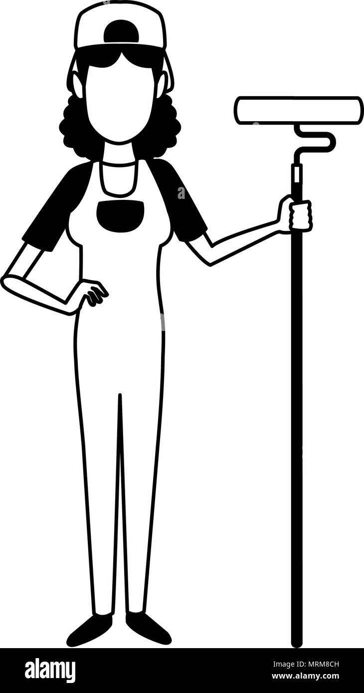 Woman construction painter with overrall in black and white Stock ...