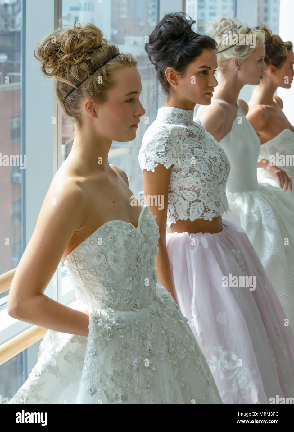 NEW YORK, NY - April 12, 2018: Models pose at the Gracy Accad Bridal ...