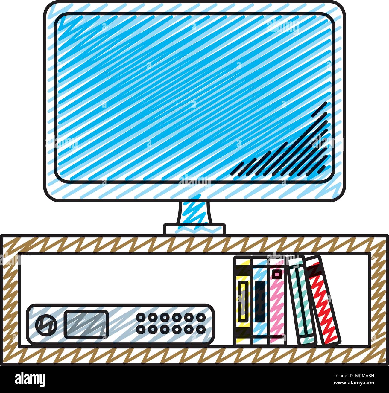 doodle electronic television technology in the desk with books Stock ...