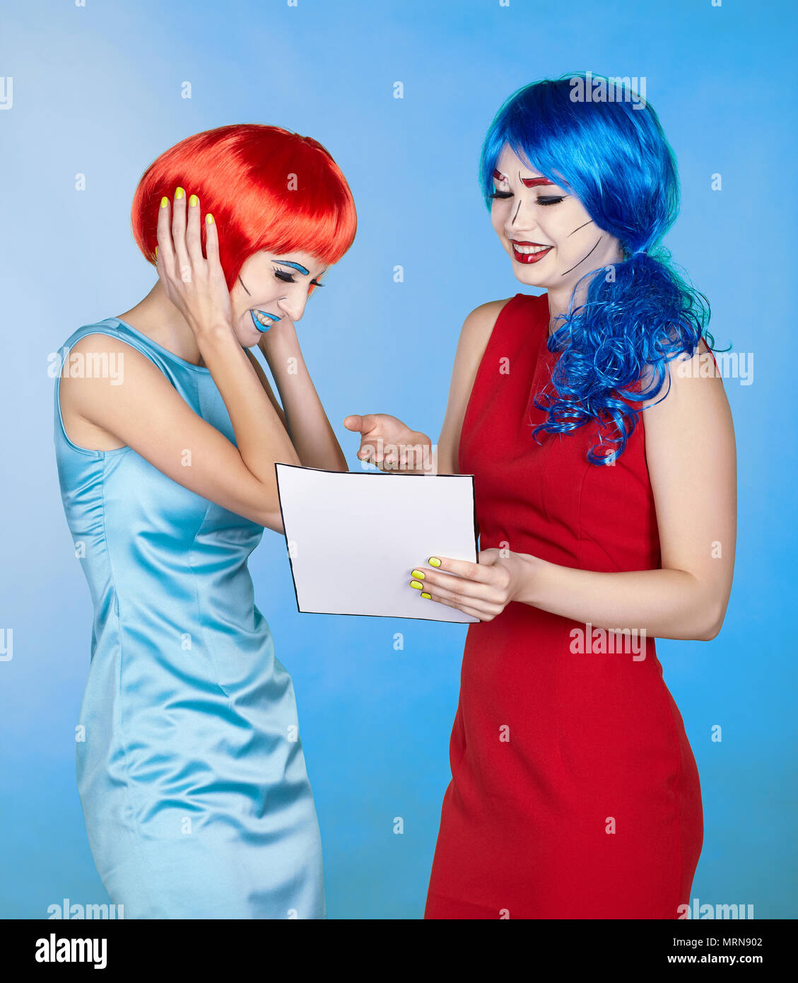 Portrait of young women in comic pop art make-up style. Females in red ...