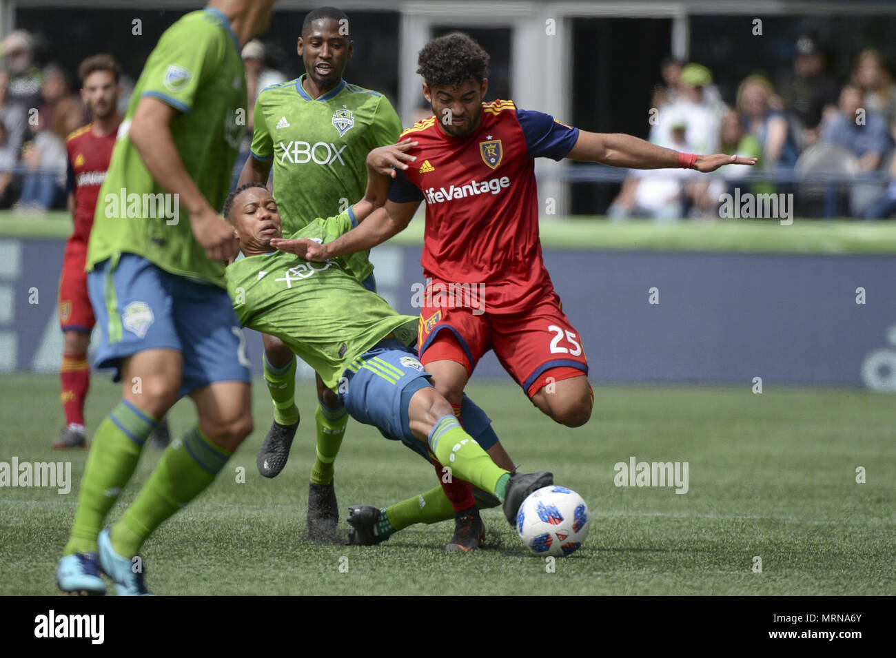 Seattle, Washington, USA. 26th May, 2018. MLS Soccer 2018: Seattle midfielder JORDY DELEM (21 ...