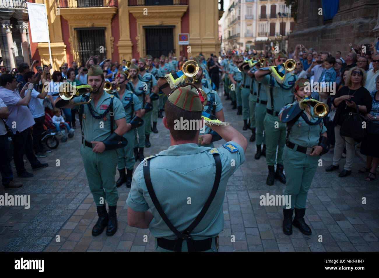 Malaga, Spain. 27th May, 2018. Spanish legionnaires play trumpets in a ...