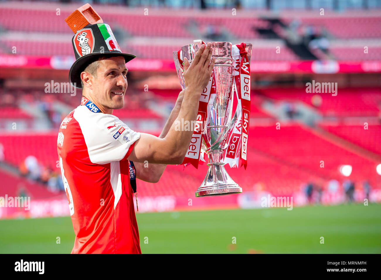 London, England. 27th May 2018. Richard Wood of Rotherham United raises ...