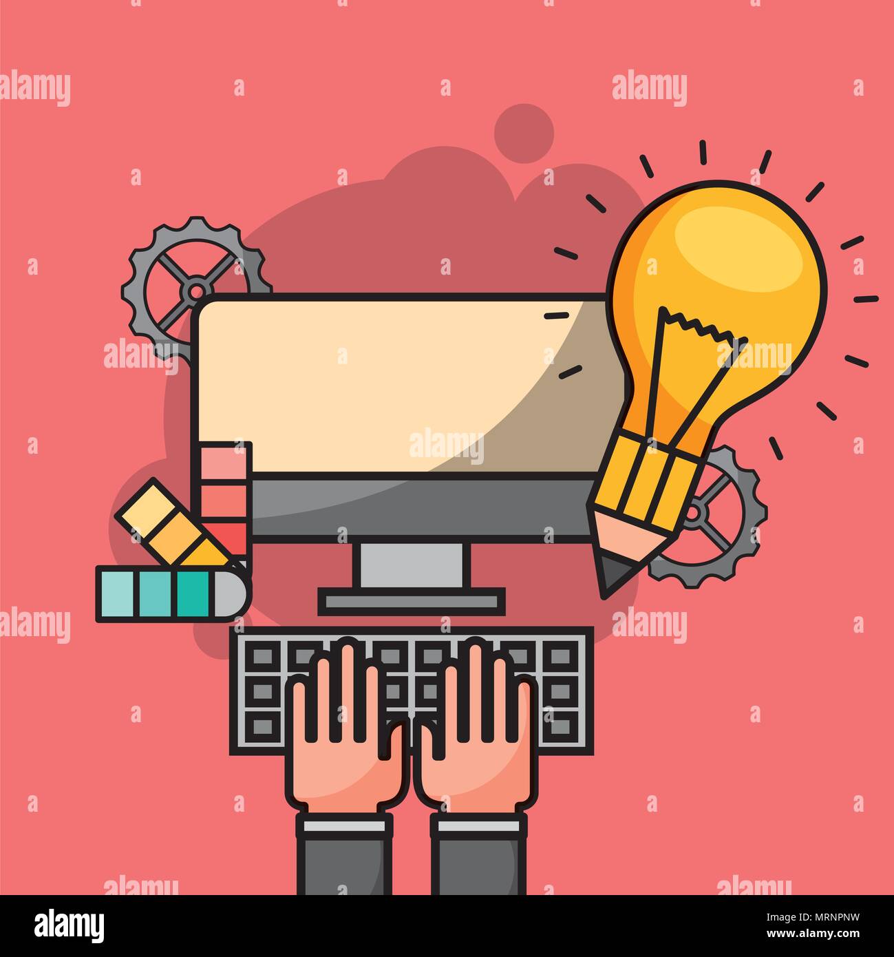 hands working computer bulb pencil think creative process vector ...