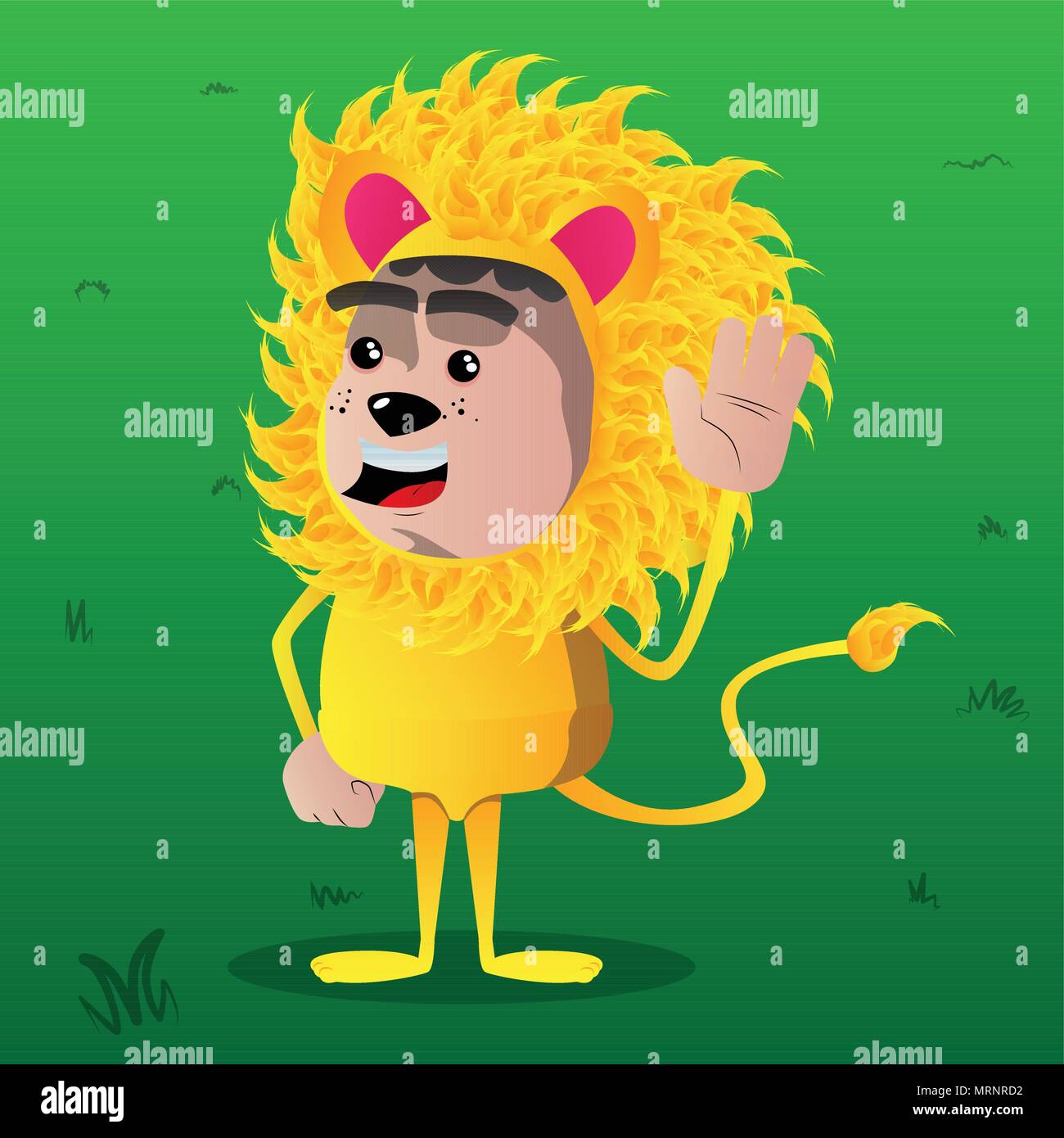 Boy dressed as lion with waving hand. Vector cartoon character ...