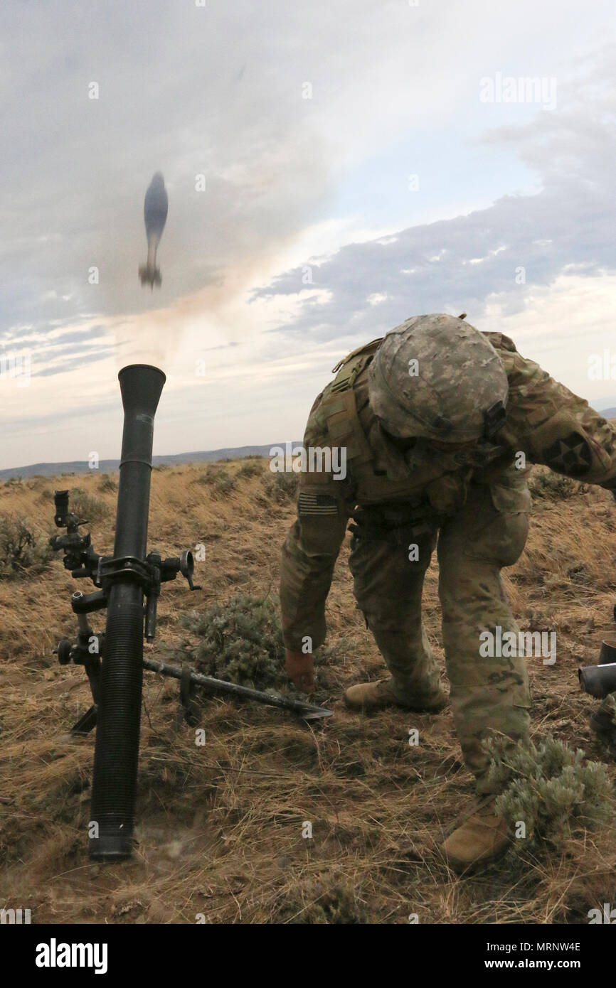A Soldier with 2-2 Stryker Brigade Combat Team fire an 81mm mortar ...