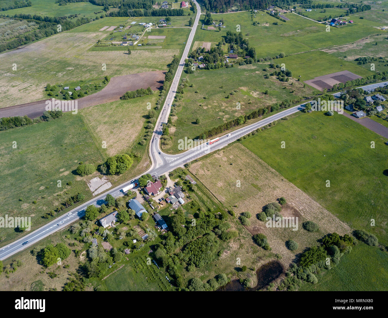 drone image. aerial view of transport roundabout on highway. latvia ...
