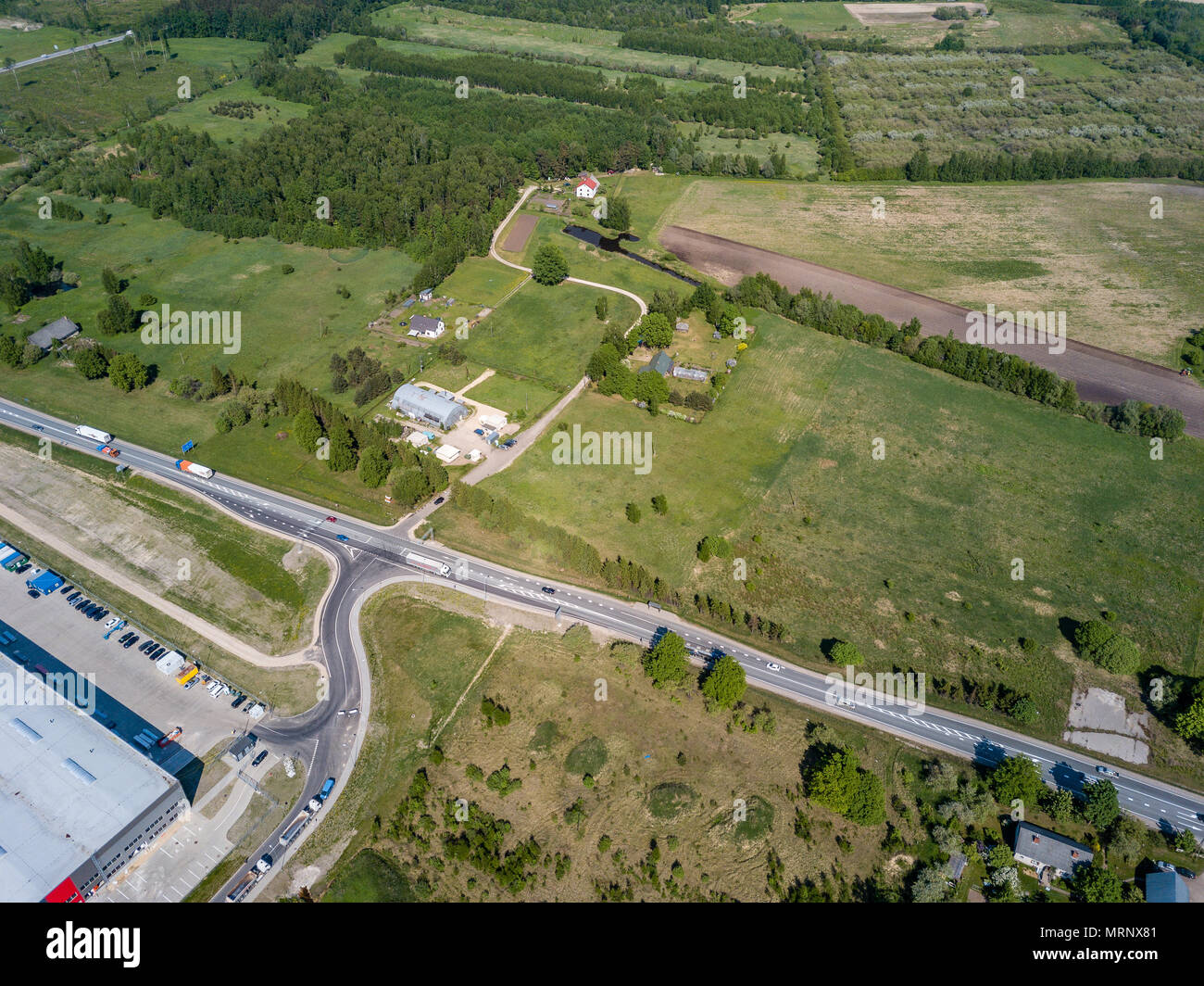 drone image. aerial view of transport roundabout on highway. latvia ...