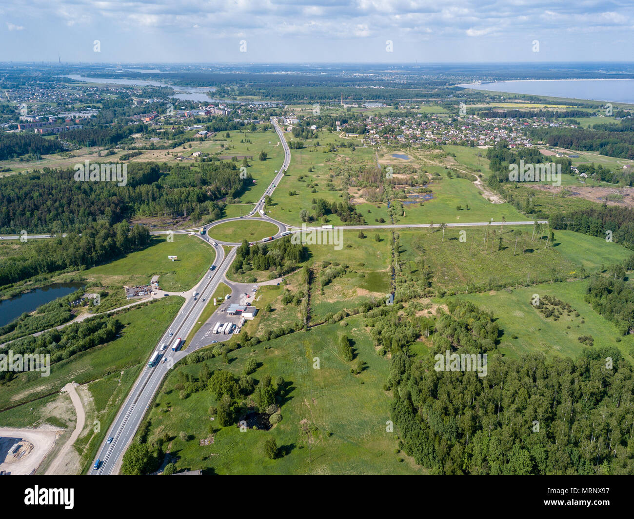 drone image. aerial view of transport roundabout on highway. latvia ...