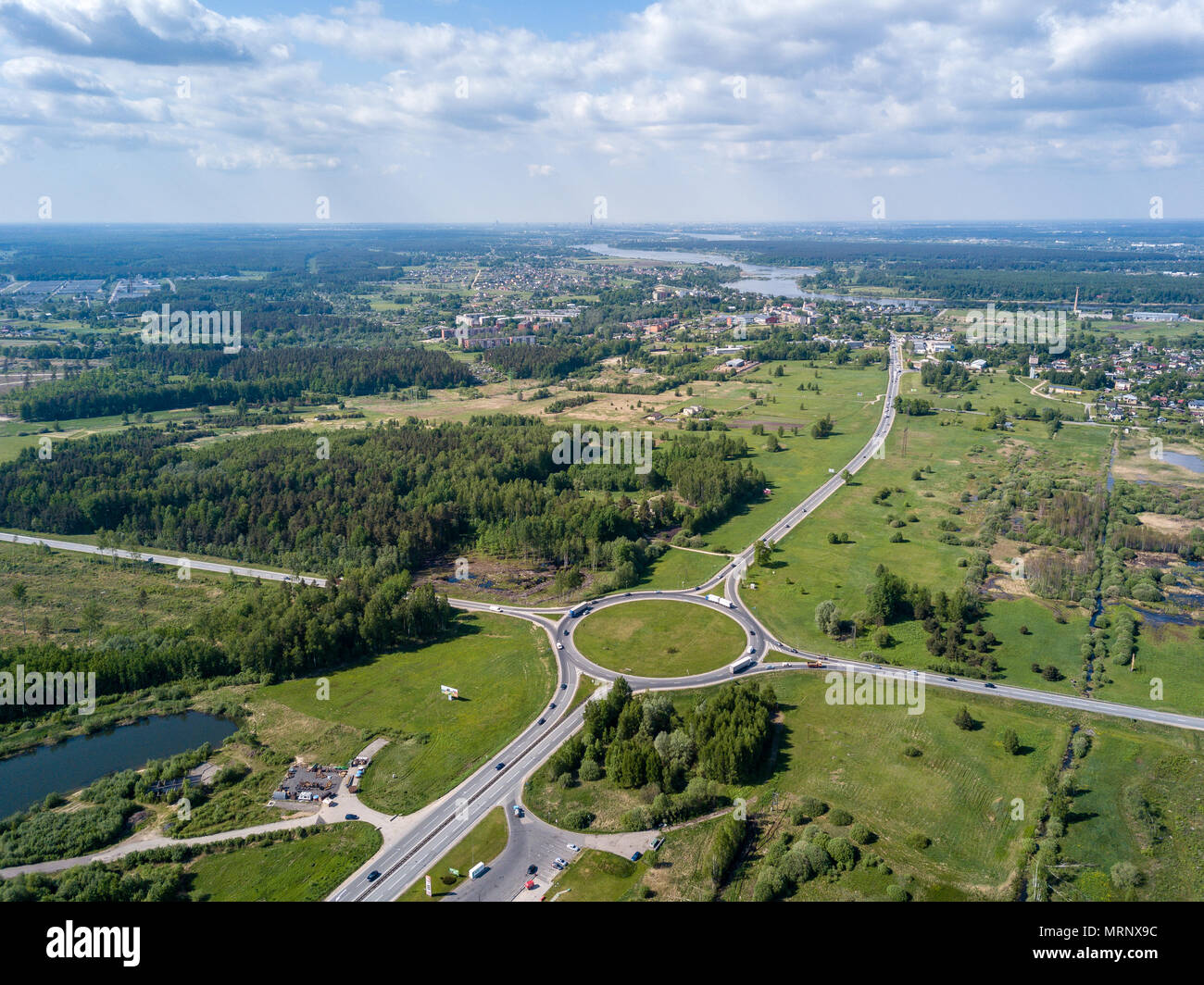 drone image. aerial view of transport roundabout on highway. latvia ...